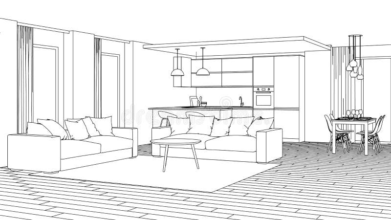 Modern House Interior. Design Project. Sketch Stock Illustration ...