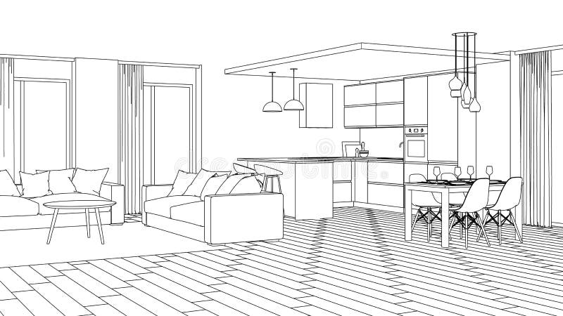 Modern House Interior. Design Project. Sketch Stock Illustration ...