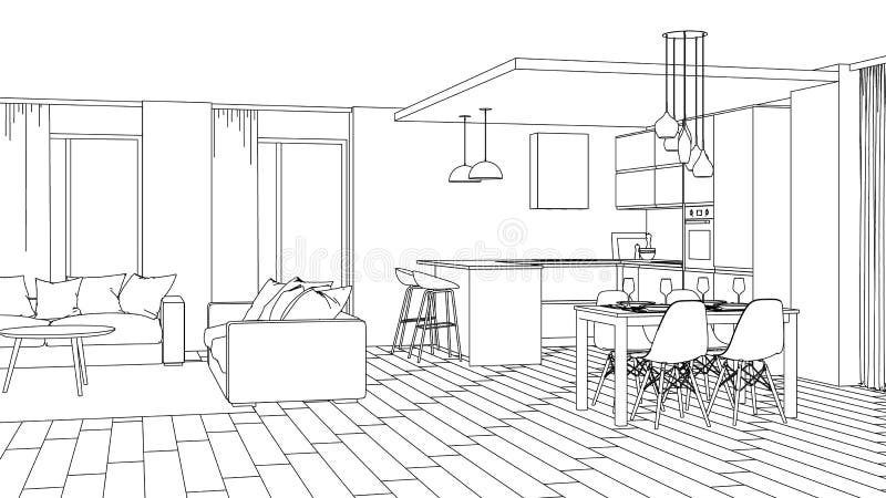 Modern House Interior. Design Project. Sketch Stock Illustration ...