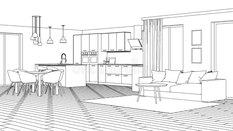 Modern House Interior. Design Project. Sketch Stock Illustration ...