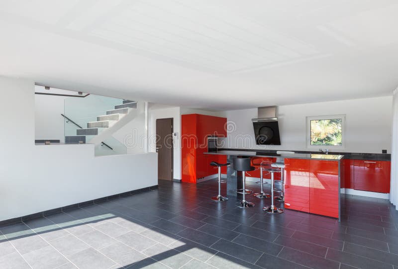 Modern House Interior Empty Kitchen, Dining Room Stock Photo - Image of ...