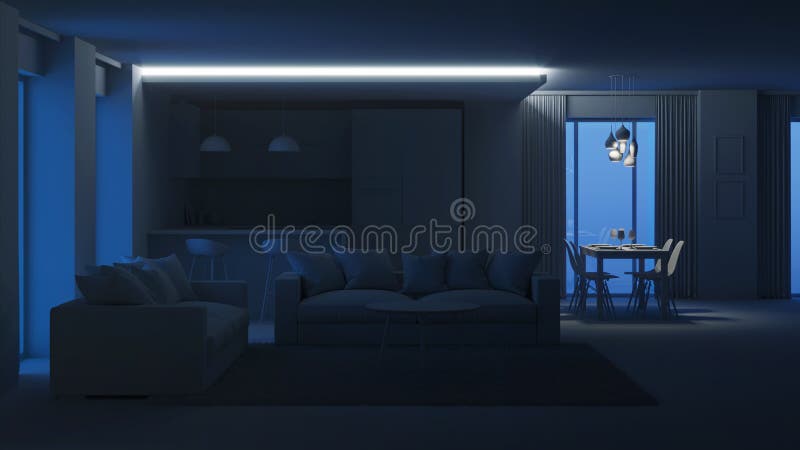 Modern House Interior. Evening Lighting. Night. Stock Illustration ...