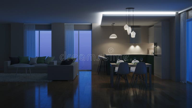 Modern House Interior. Evening Lighting. Night Stock Illustration ...