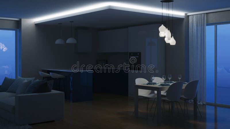 Modern House Interior. Evening Lighting. Night Stock Illustration ...