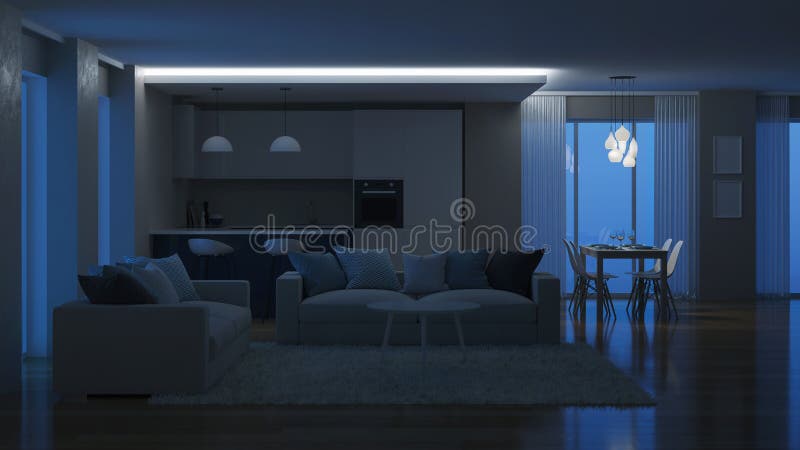 Modern House Interior. Evening Lighting. Night Stock Photo - Image of ...