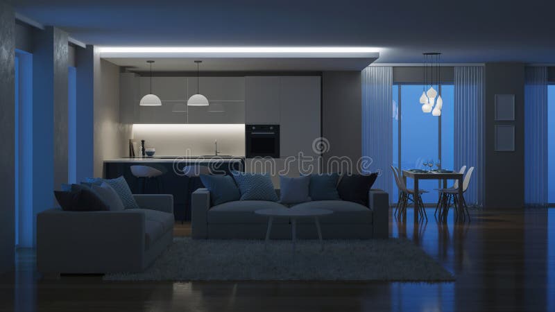 Modern House Interior. Evening Lighting. Night Stock Photo - Image of ...