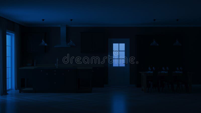 Modern House Interior. Interior with Black Kitchen. Night. Evening ...
