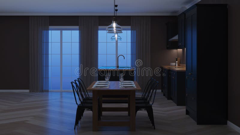 Modern House Interior. Interior with Black Kitchen. Night. Evening ...