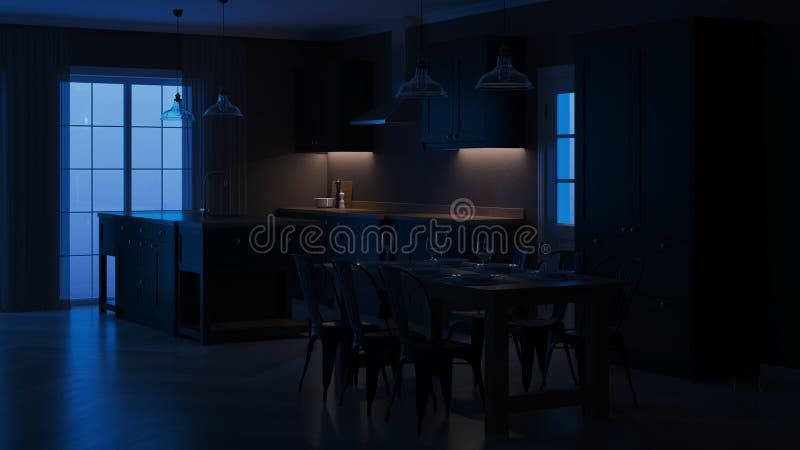 Modern House Interior. Interior with Black Kitchen. Night. Evening ...