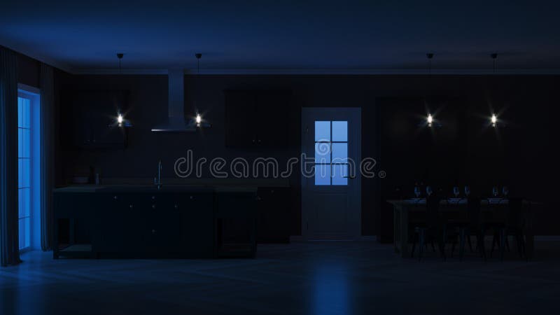 Modern House Interior. Interior with Black Kitchen. Night. Evening ...