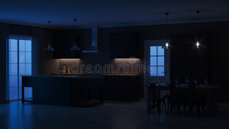 Modern House Interior. Interior with Black Kitchen. Night. Evening ...