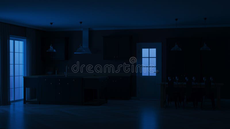 Modern House Interior. Interior with Black Kitchen. Night. Evening ...