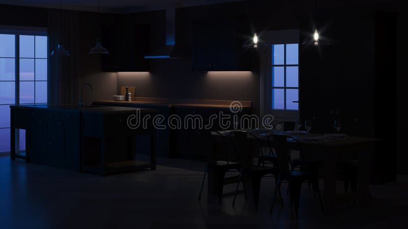 Modern House Interior. Interior with Black Kitchen. Night. Evening ...