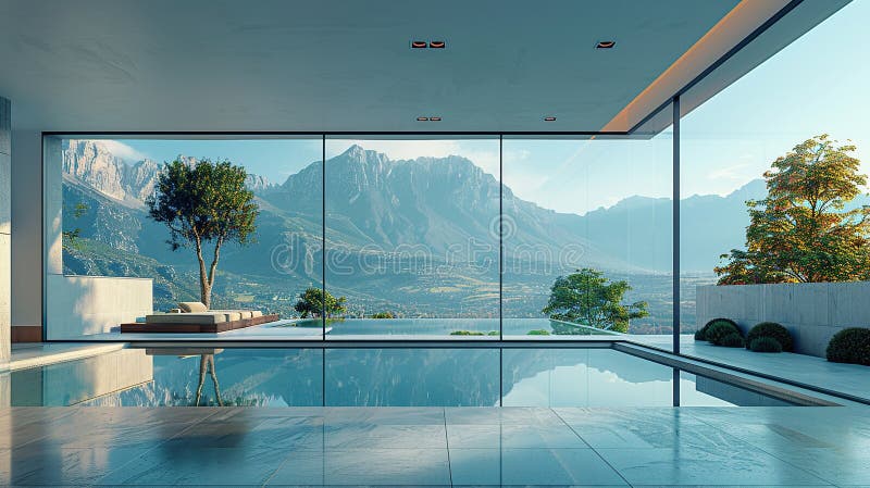 Modern House Interior with a Large Window Overlooking a Swimming Pool ...