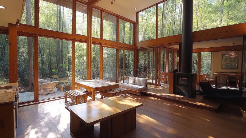 Modern House Interior with Large Windows and Forest Views Stock ...
