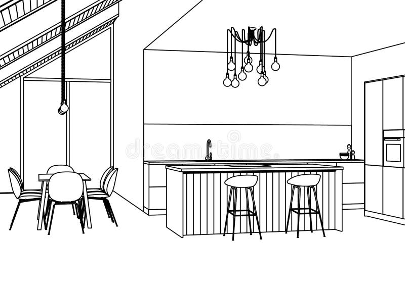 Modern House Interior. Linear Sketch of the Interior Stock Illustration ...