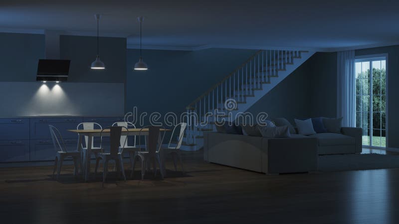 Modern House Interior. Night. Evening Lighting Stock Illustration ...