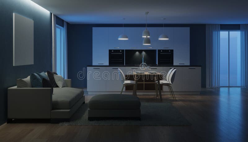 Modern House Interior. Night. Evening Lighting Stock Illustration ...