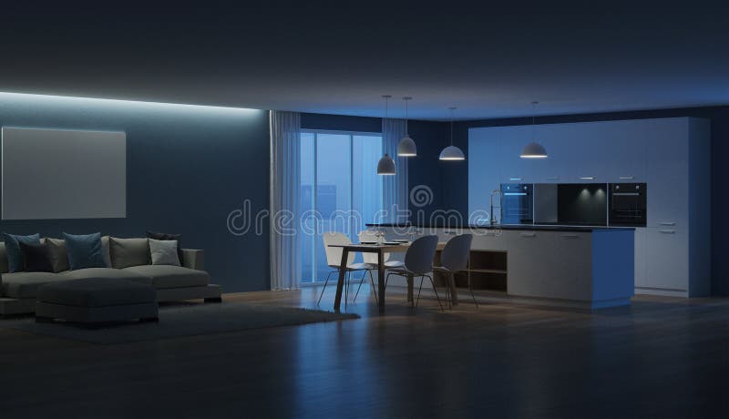 Modern House Interior. Night. Evening Lighting Stock Illustration ...
