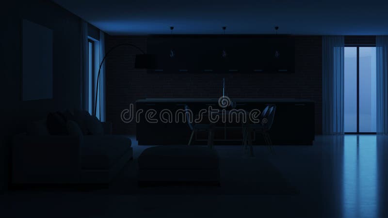 Modern House Interior. Night. Evening Lighting Stock Illustration ...