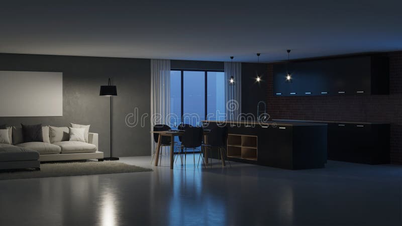 Modern House Interior. Night. Evening Lighting Stock Illustration ...
