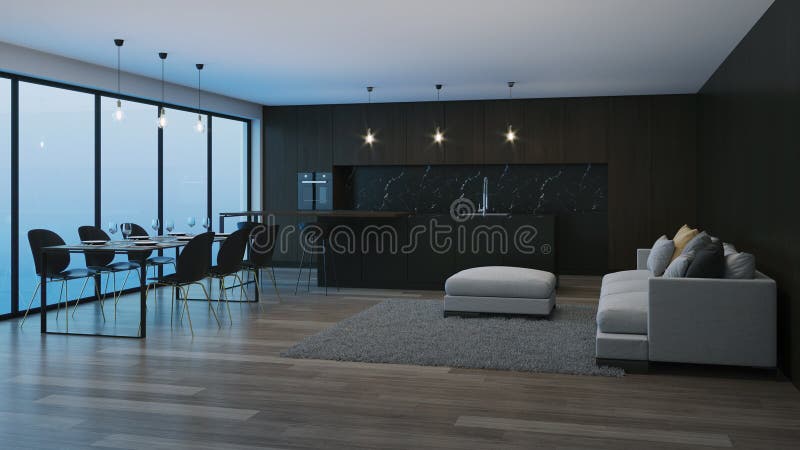 Modern House Interior. Night. Evening Lighting Stock Image - Image of ...