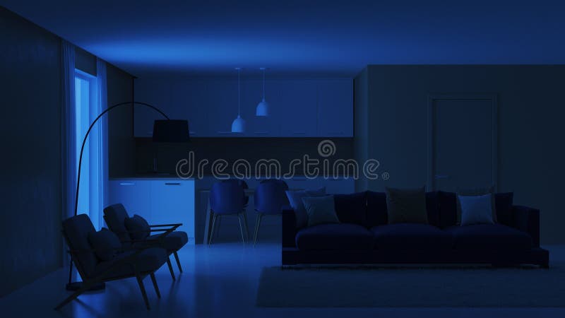 Modern House Interior. Night. Evening Lighting Stock Photo - Image of ...