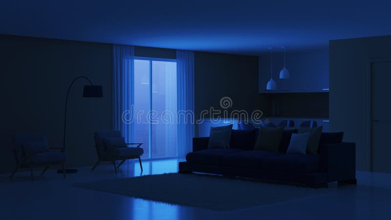 Modern House Interior. Night. Evening Lighting Stock Photo - Image of ...