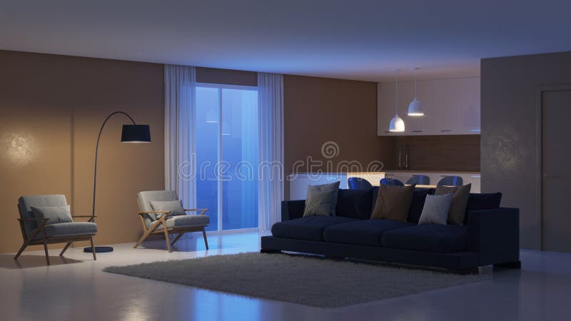Modern House Interior. Night. Evening Lighting Stock Photo - Image of ...