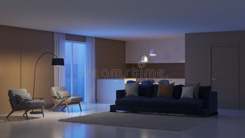 Modern House Interior. Night. Evening Lighting. Stock Photo - Image of ...