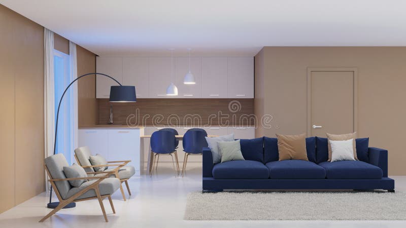 Modern House Interior. Night. Evening Lighting. Stock Image - Image of ...
