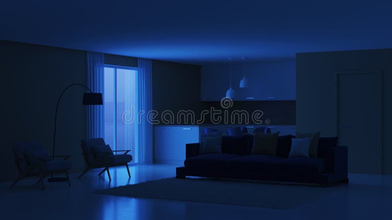 Modern House Interior. Night. Evening Lighting Stock Photo - Image of ...