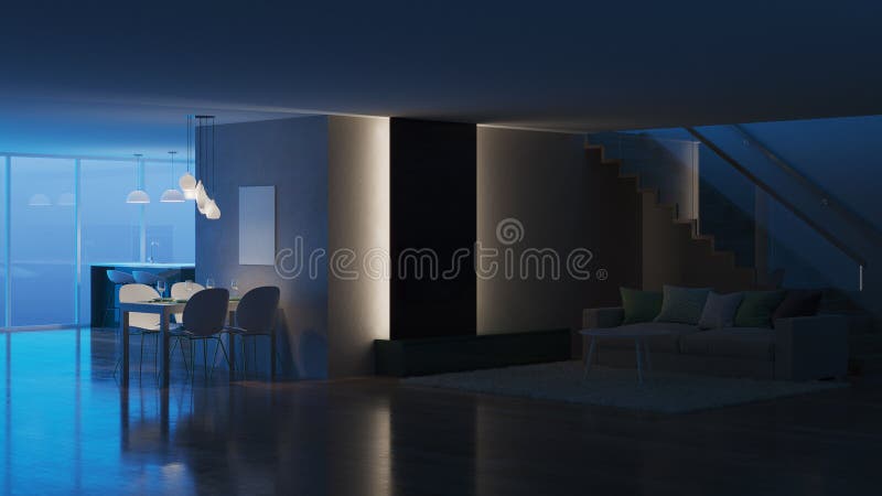 Modern House Interior. Night. Evening Lighting Stock Illustration ...