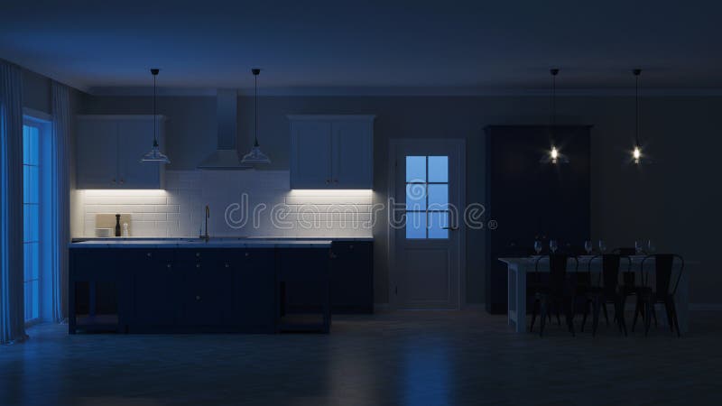 Modern House Interior. Night. Evening Lighting Stock Illustration ...