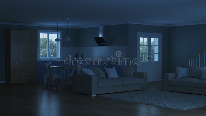 Modern House Interior. Night. Evening Lighting Stock Illustration ...