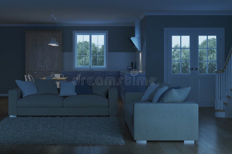 Modern House Interior. Night. Evening Lighting Stock Illustration ...