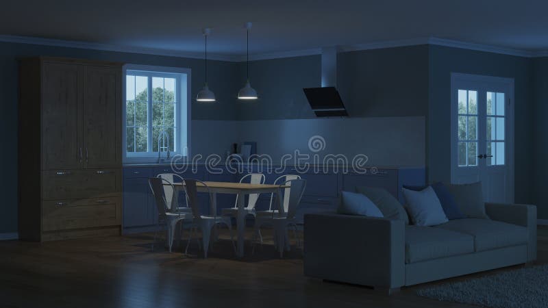 Modern House Interior. Night. Evening Lighting Stock Illustration ...