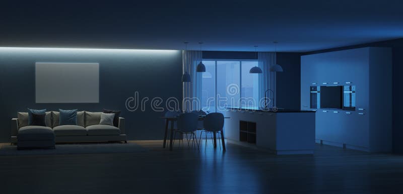 Modern House Interior. Night. Evening Lighting Stock Image - Image of ...