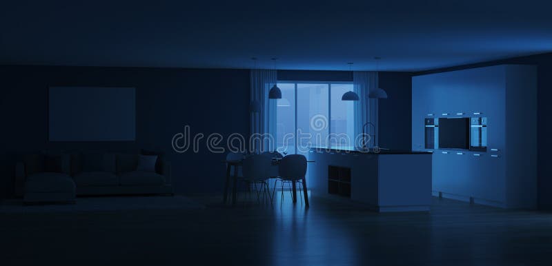 Modern House Interior. Night. Evening Lighting Stock Illustration ...