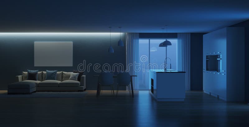 Modern House Interior. Night. Evening Lighting Stock Illustration ...