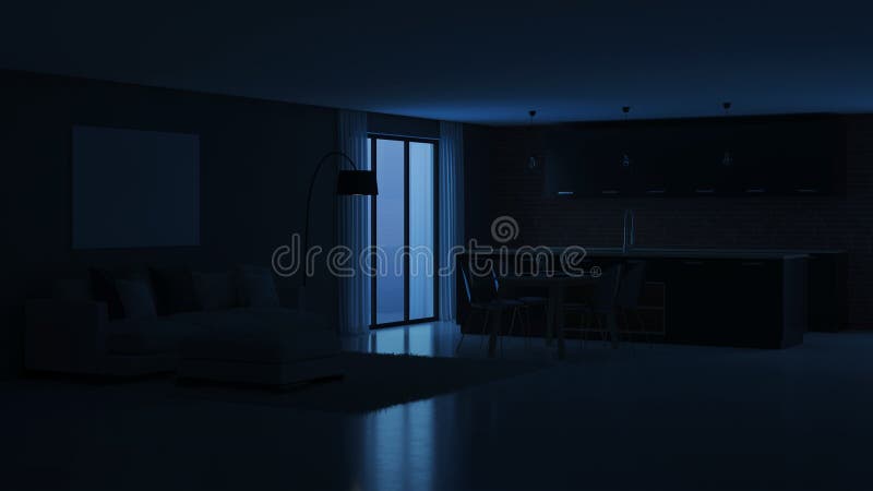 Modern House Interior. Night. Evening Lighting Stock Illustration ...
