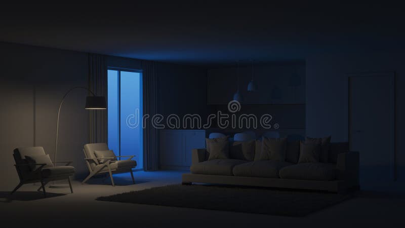 Modern House Interior. Night. Evening Lighting Stock Illustration ...