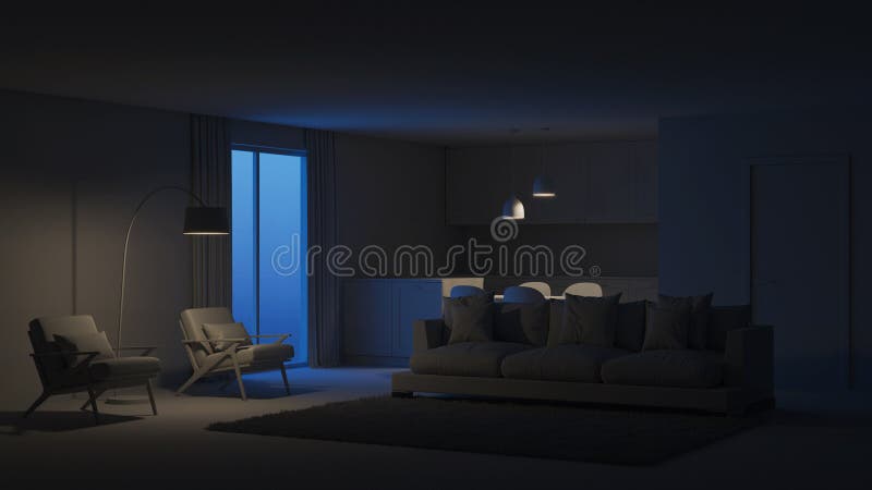 Modern House Interior. Night. Evening Lighting Stock Illustration ...