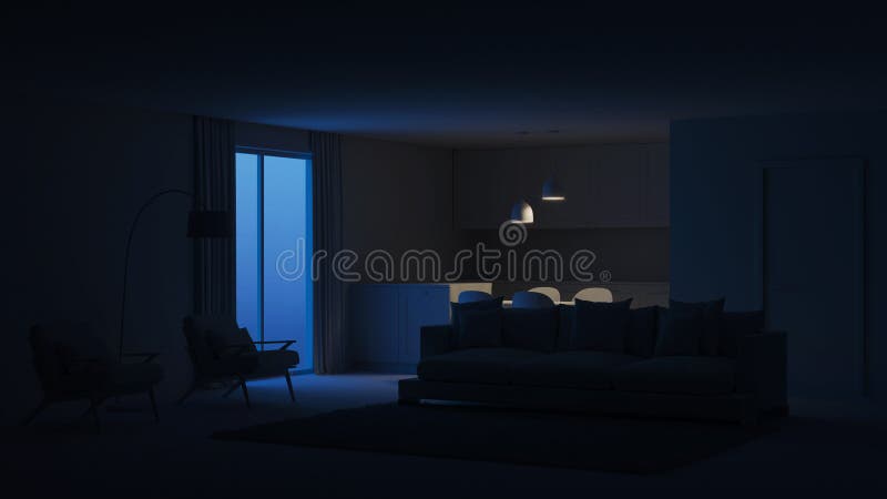 Modern House Interior. Night. Evening Lighting Stock Illustration ...