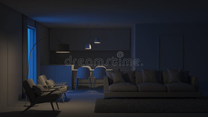 Modern House Interior. Night. Evening Lighting Stock Illustration ...