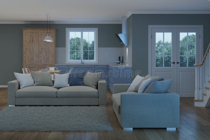 Modern House Interior. Night. Evening Lighting Stock Illustration ...