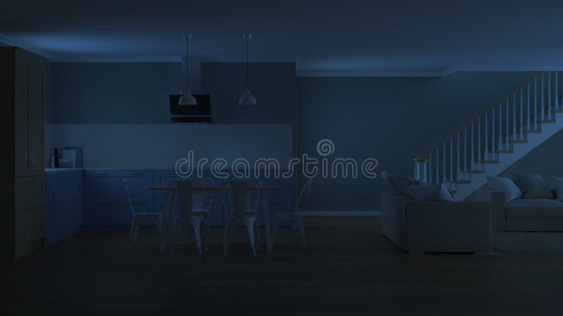Modern House Interior. Night. Evening Lighting Stock Illustration ...