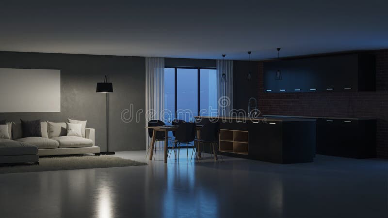Modern House Interior. Night. Evening Lighting Stock Illustration ...