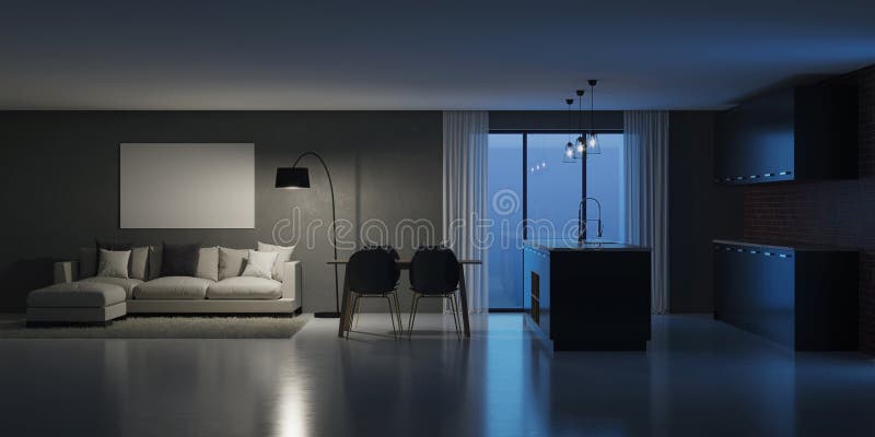 Modern House Interior. Night. Evening Lighting Stock Illustration ...