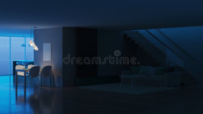 Modern House Interior. Night. Evening Lighting Stock Illustration ...